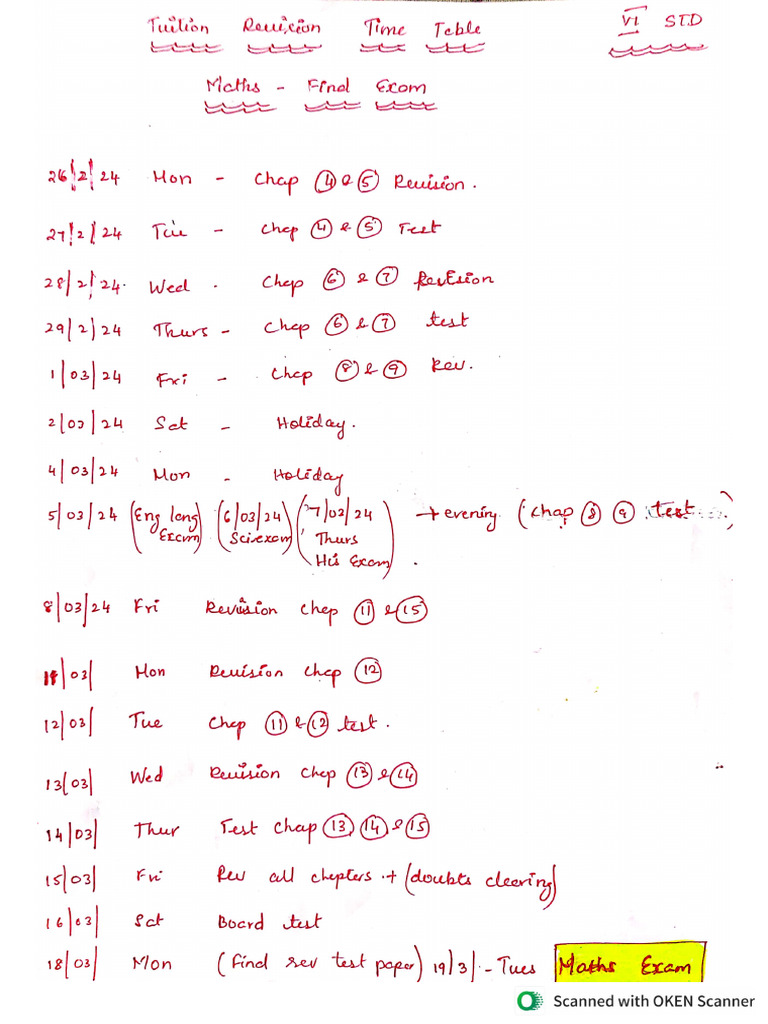 6th Maths Tuition Rev Time Table | PDF