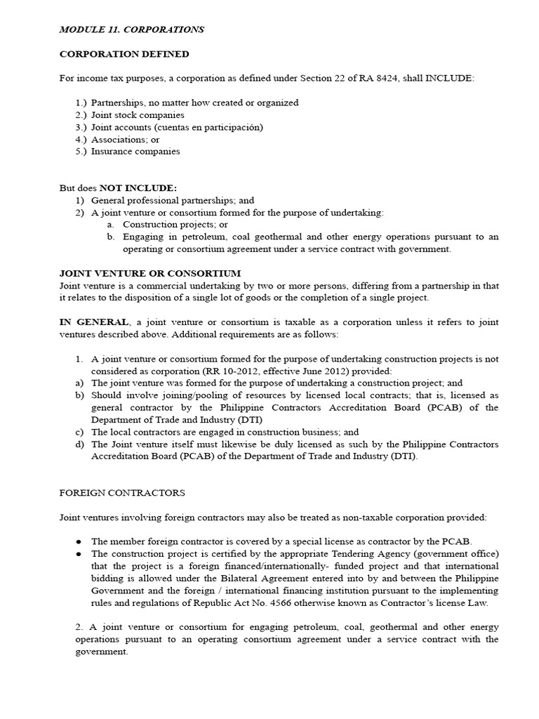 Corporation Defined: Module 11. Corporations | PDF | Consortium | Joint Venture