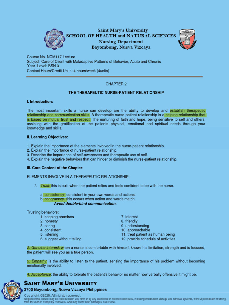 Chapter 2 Module The Therapeutic Nurse Patient Relationship | PDF ...