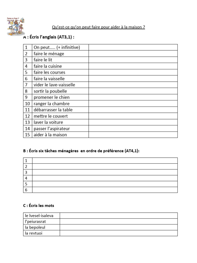 Les Taches Menageres Worksheet | PDF