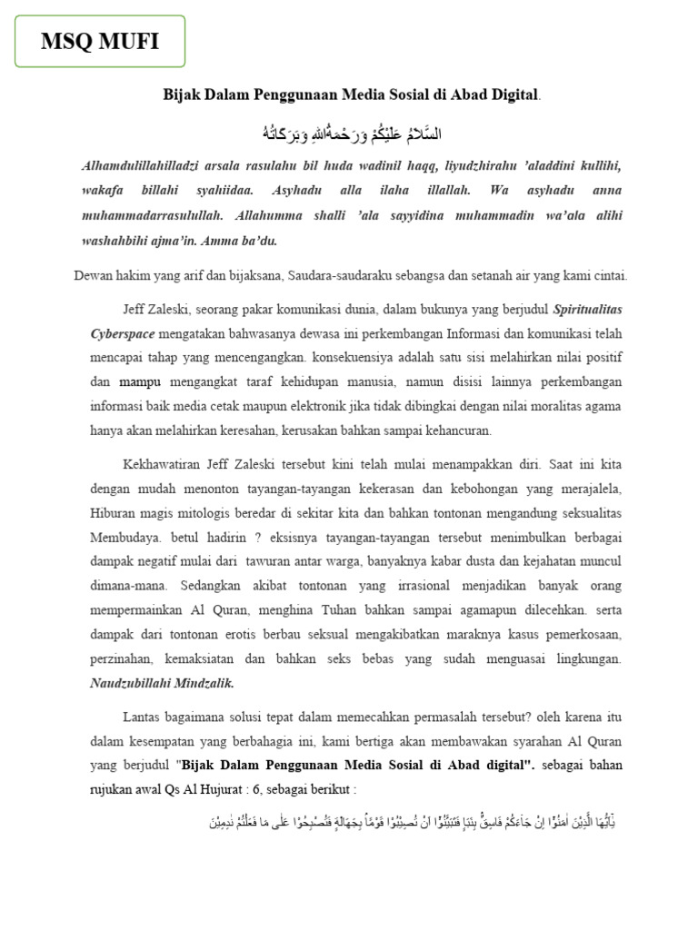 Teks MSQ Mufi 2024 Menyikapi Era Digital Masa Kini | PDF | Ilmu Sosial