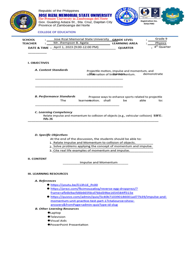 Physics Lesson Plan: Impulse & Momentum | PDF | Momentum | Force