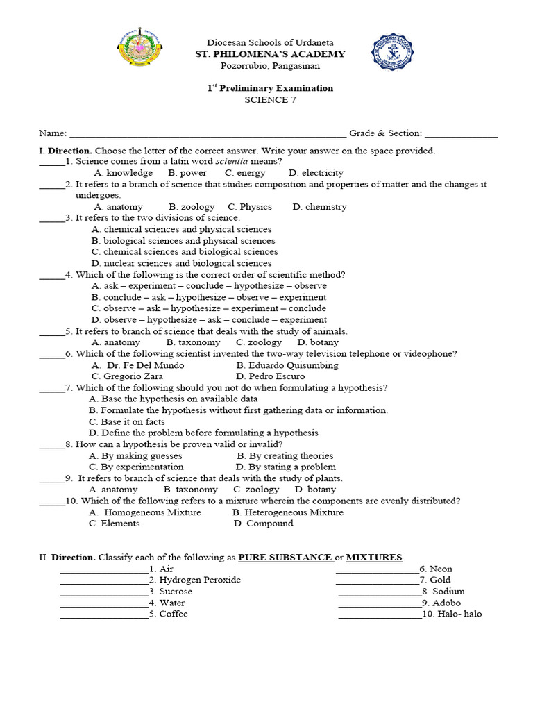 1ST PRELIM GRADE 7 | PDF | Science | Hypothesis