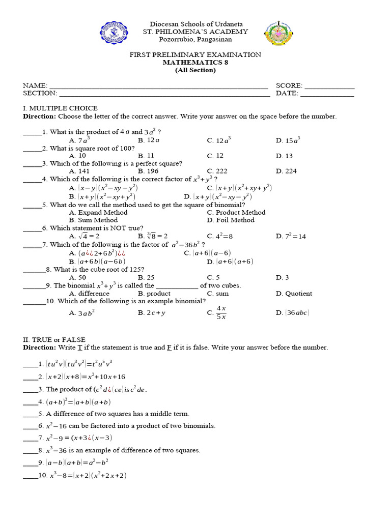 Q1 - Math 8 - Preliminary | Download Free PDF | Mathematical Concepts | Arithmetic