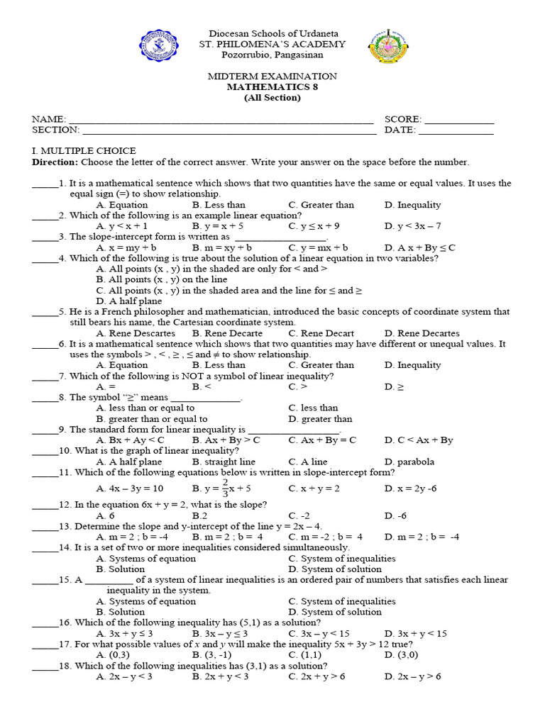 Q2 - Math 8 - Midterm Examination | PDF | Equations | Inequality (Mathematics)
