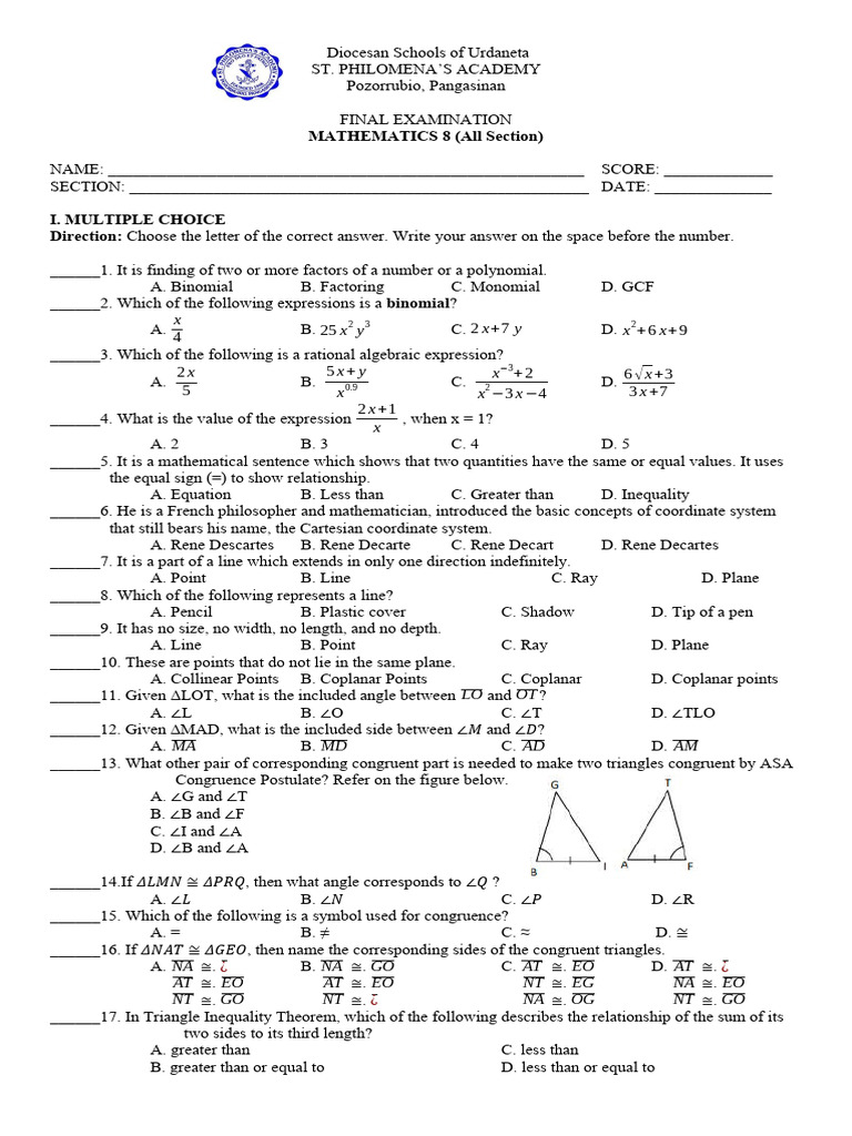 q4 - Math 8 - Final Examination | PDF