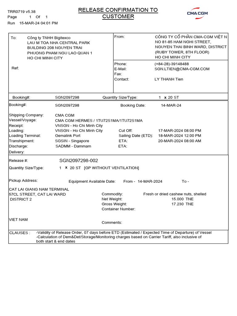 Release Confirmation To Customer | PDF | Vietnam | Shipping
