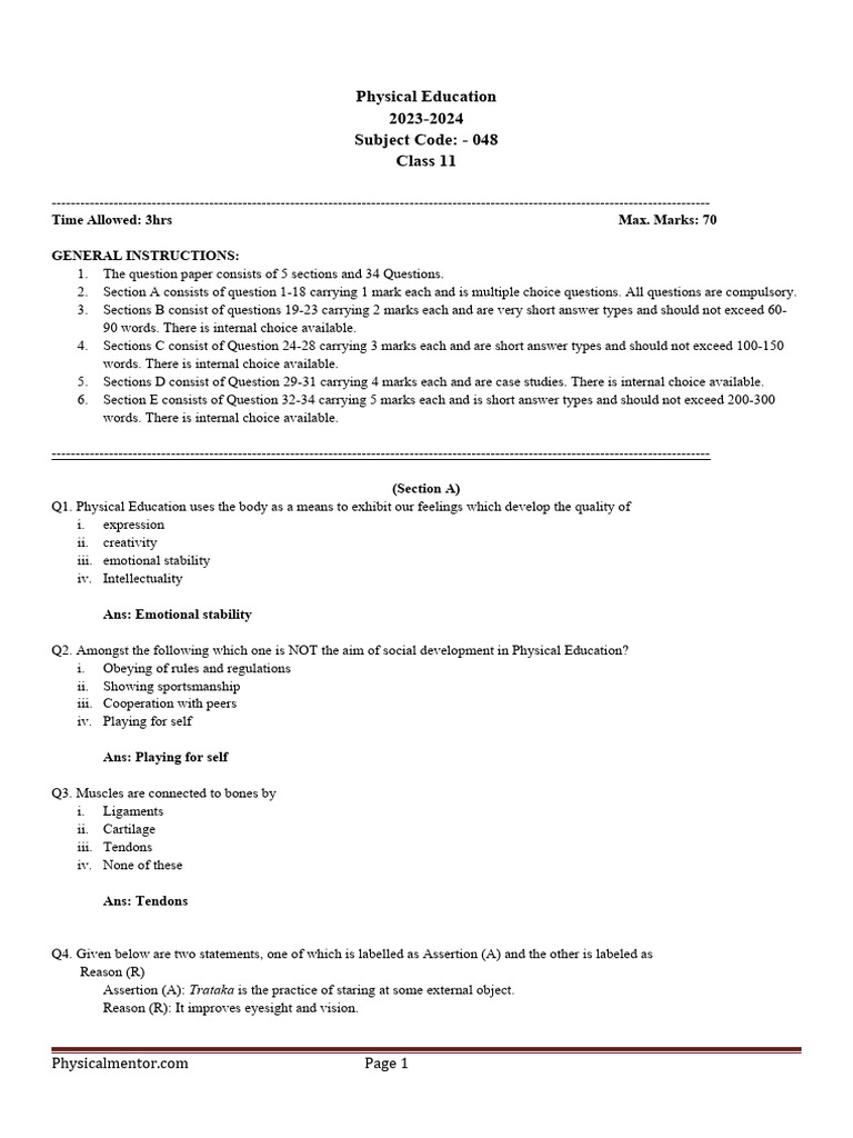 Class 11 Annual Examination Answer Key | PDF