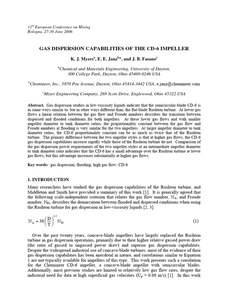 Gas Dispersion Capabilities of The CD-6 Impeller | PDF | Gases | Applied And Interdisciplinary ...