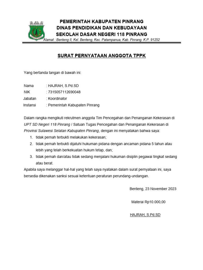Lampiran 1 - Contoh Surat Pernyataan Keanggotaan TPPK Dan Satgas | PDF