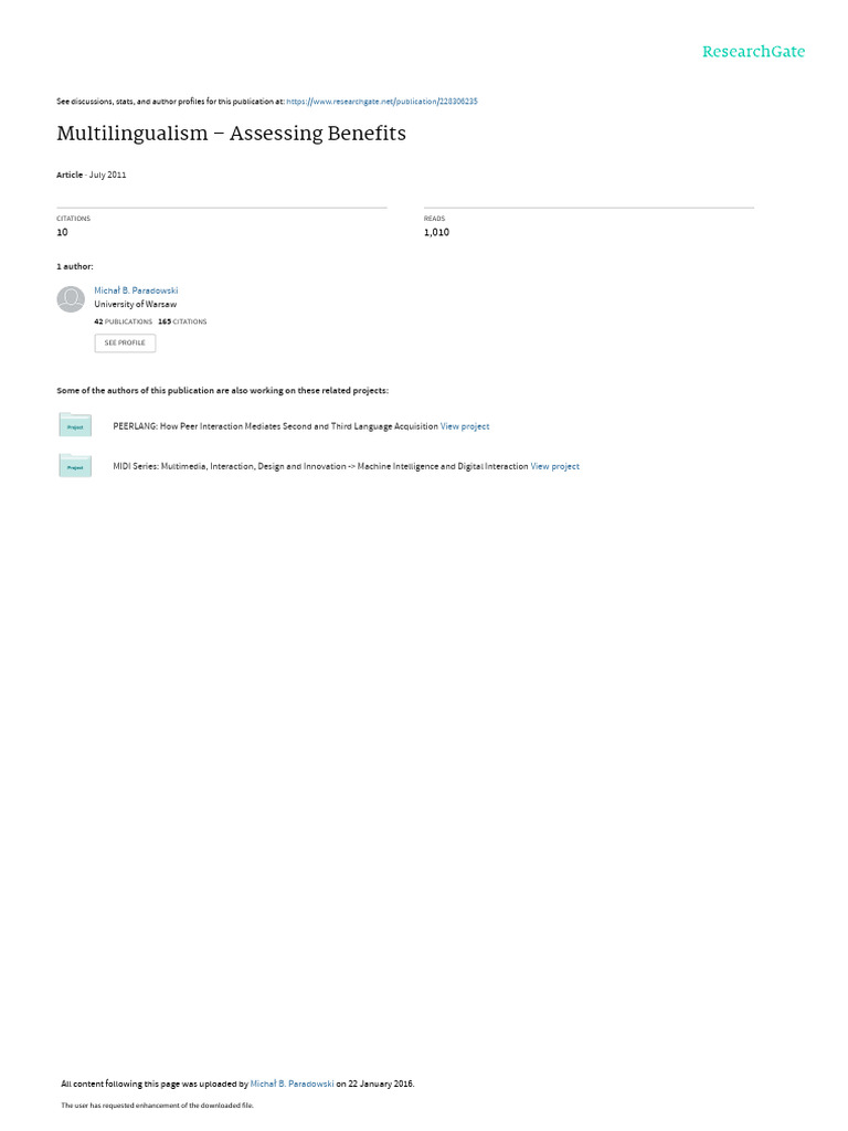 Multilingualism - Assessing Benefits: July 2011 | PDF | Multilingualism | Second Language ...