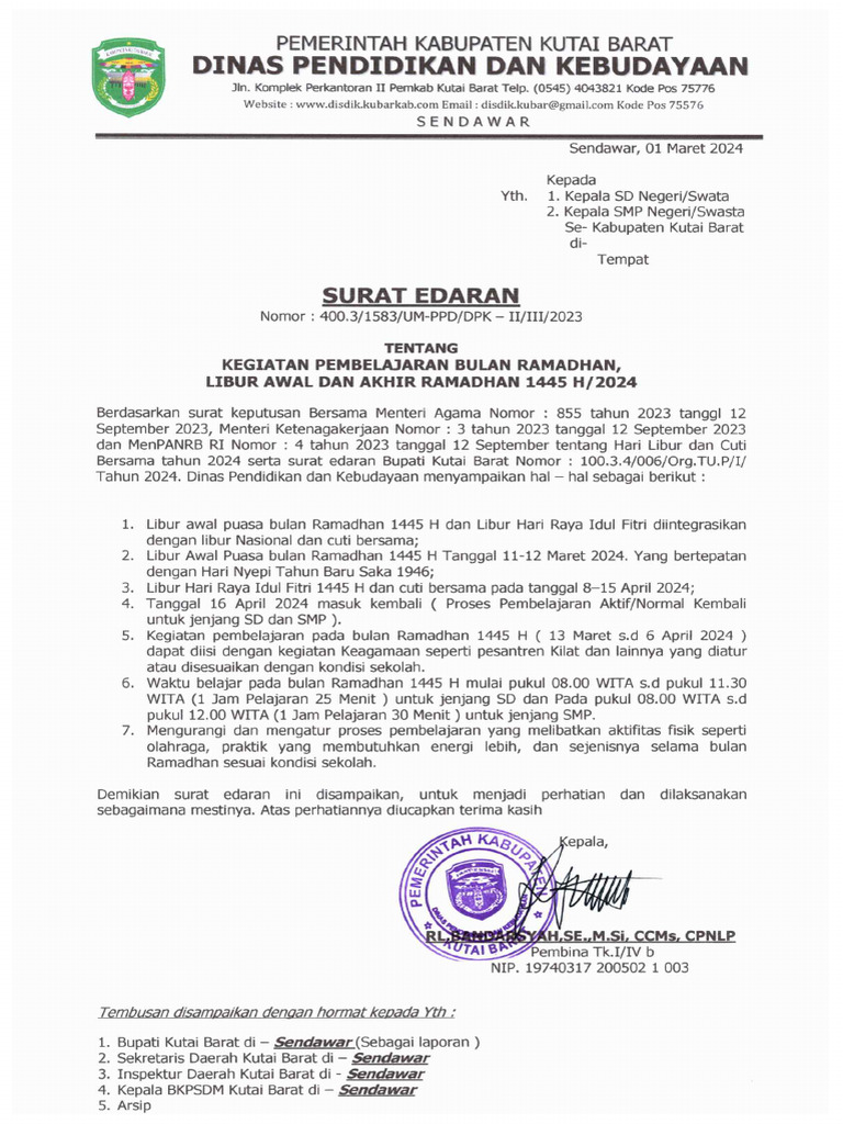 SURAT EDARAN LIBUR SEKOLAH | PDF