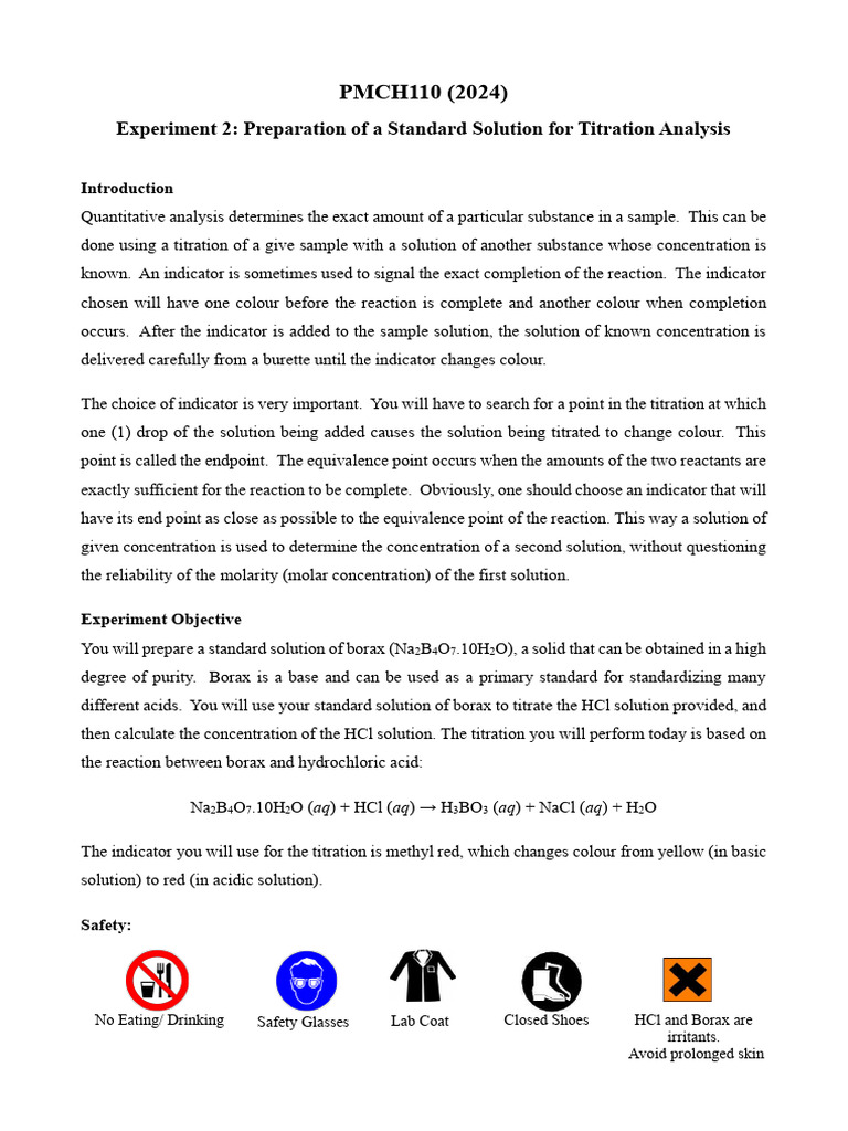 Experiment 2 Preparation Of A Standard Solution And Titration Pdf Titration Chemistry