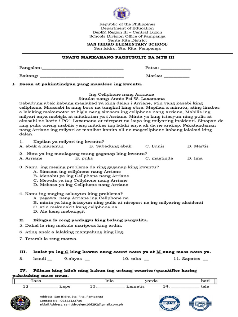 FIRST PERIODICAL TEST S.Y. 2023-2024 (MTB, ENG. SCIENCE, APAN, FILIPINO ...