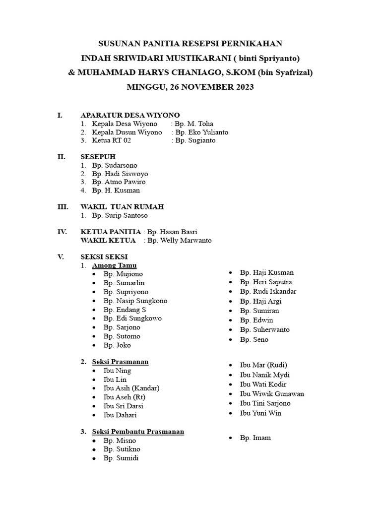 Susunan Panitia Resepsi Pernikahan | PDF