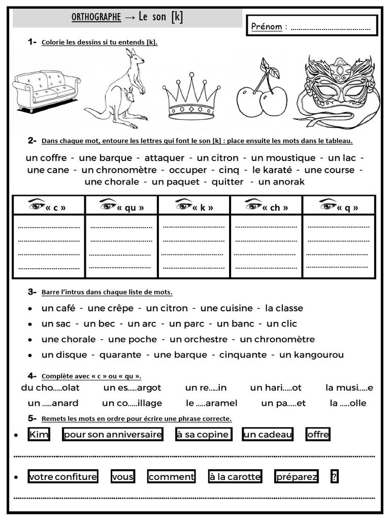 Exercices sur le son [k] pour CE1/CE2 | PDF