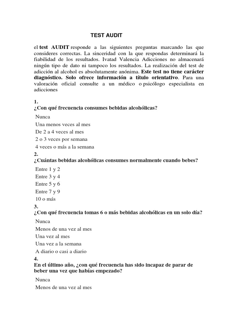 Test AUDIT para la detección de alcohol | PDF
