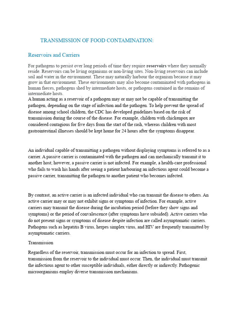 Transmission of Food Contamination | PDF | Infection | Pathogen