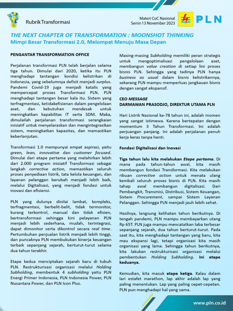 Transformasi 2.0 PLN: Moonshot Thinking | PDF