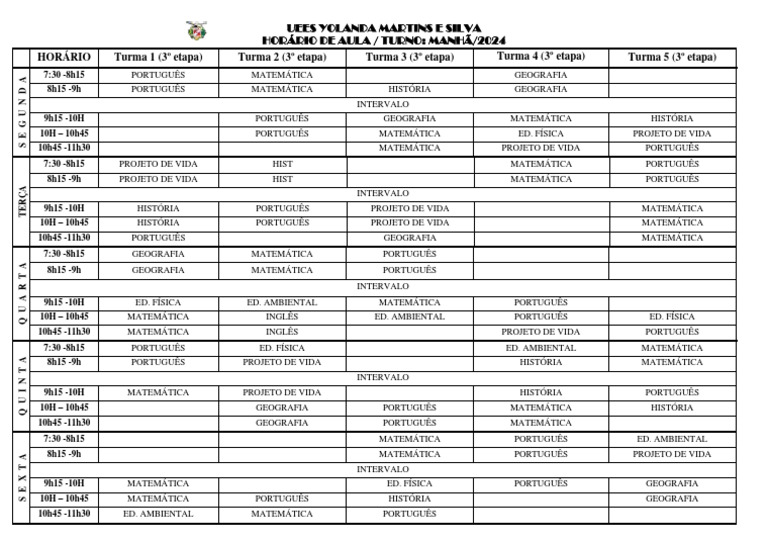 Horário de Aula Eja 3 Etapa - Manhã | PDF