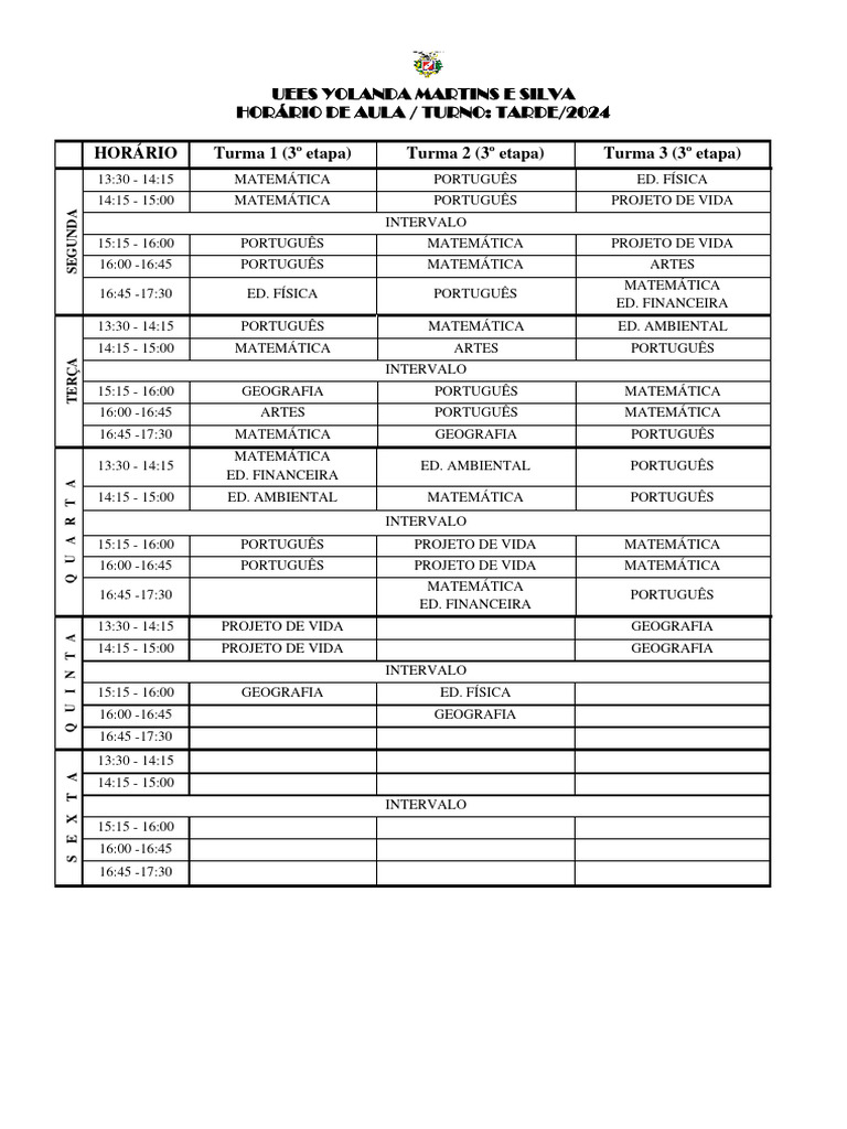 Horário de Aula Eja 3 Etapa - Tarde | PDF