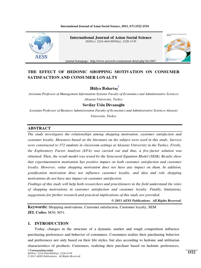 International Journal of Asian Social Science, 2013, 3 (7) :1522-1534 | PDF | Hedonism | Pleasure