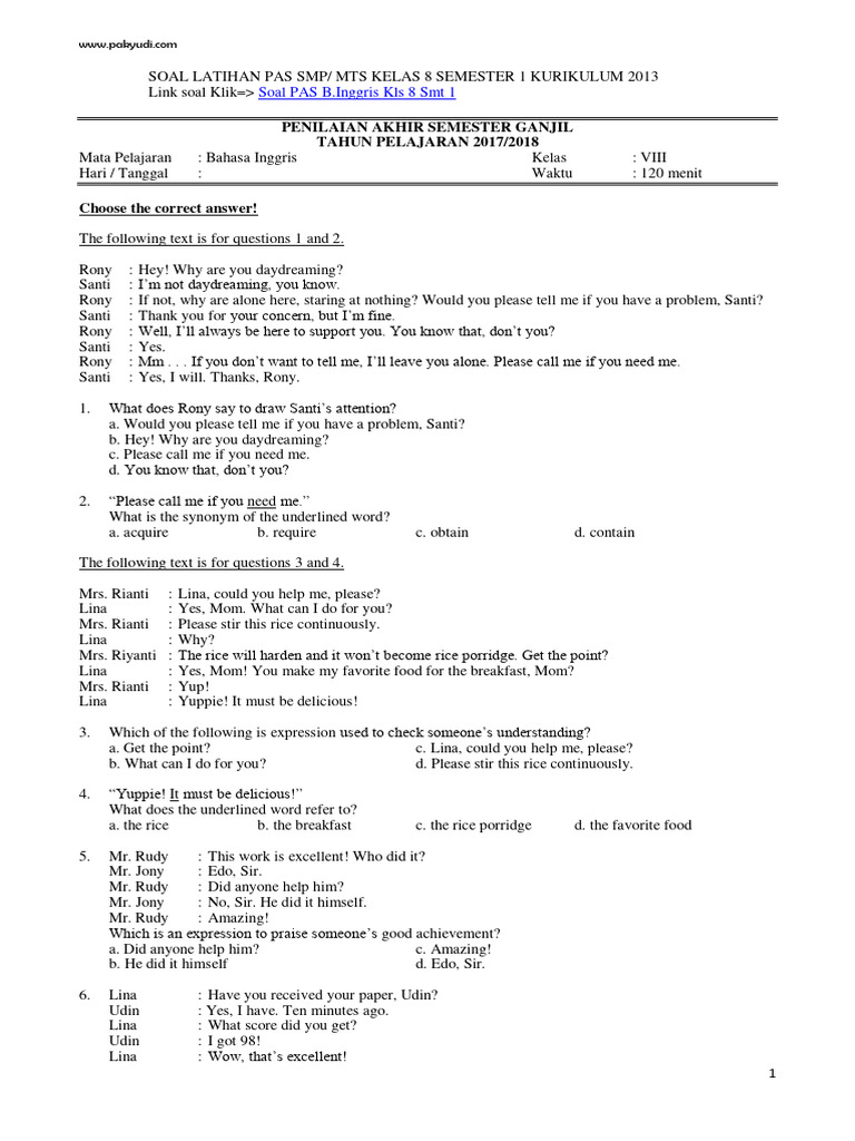Soal Pas B Inggris Kelas 8 Ganjil Pdf Classroom