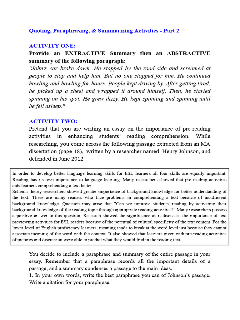 Quoting, Paraphrasing, & Summarizing Activities - Part 2 | PDF | Reading Comprehension | Cognition