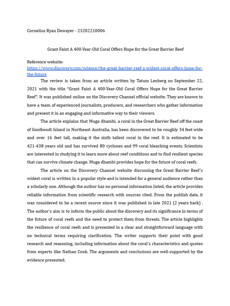 Article Review Pdf Coral Reef Coral