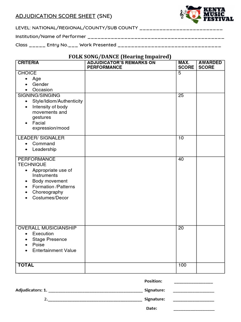 Adjudication Score Sheet For Sne Categories | PDF | Performing Arts ...