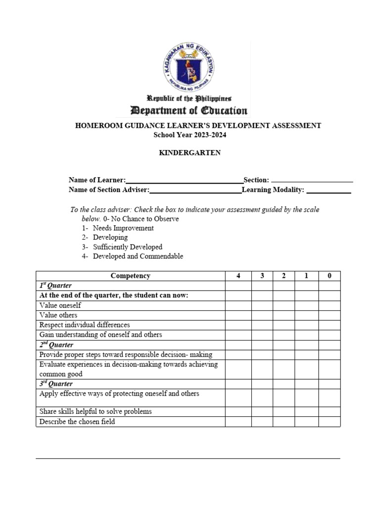 Homeroom Guidance Learners Development Assessment Kindergarten Deped ...