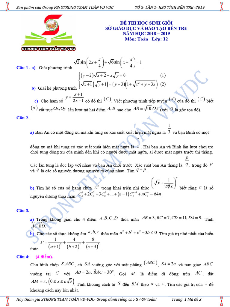 Tổ 3 - Đợt 1 - HSG - 12 - SỞ GDĐT BẾN TRE | PDF