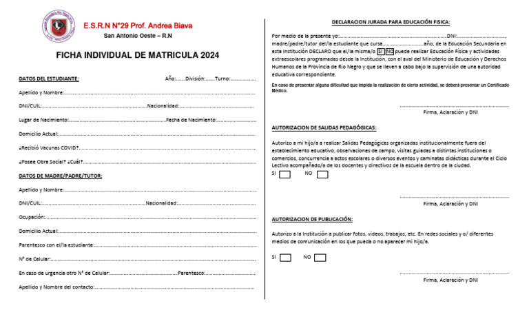 Ficha de Matricula 2024 Esrn 29 | PDF