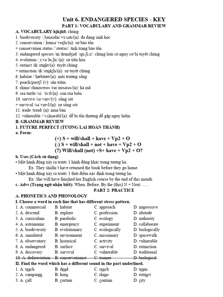 HANDOUT BT Anh 12 Thí Điểm Unit 6 - KEY | PDF | Extinction | Climate Change