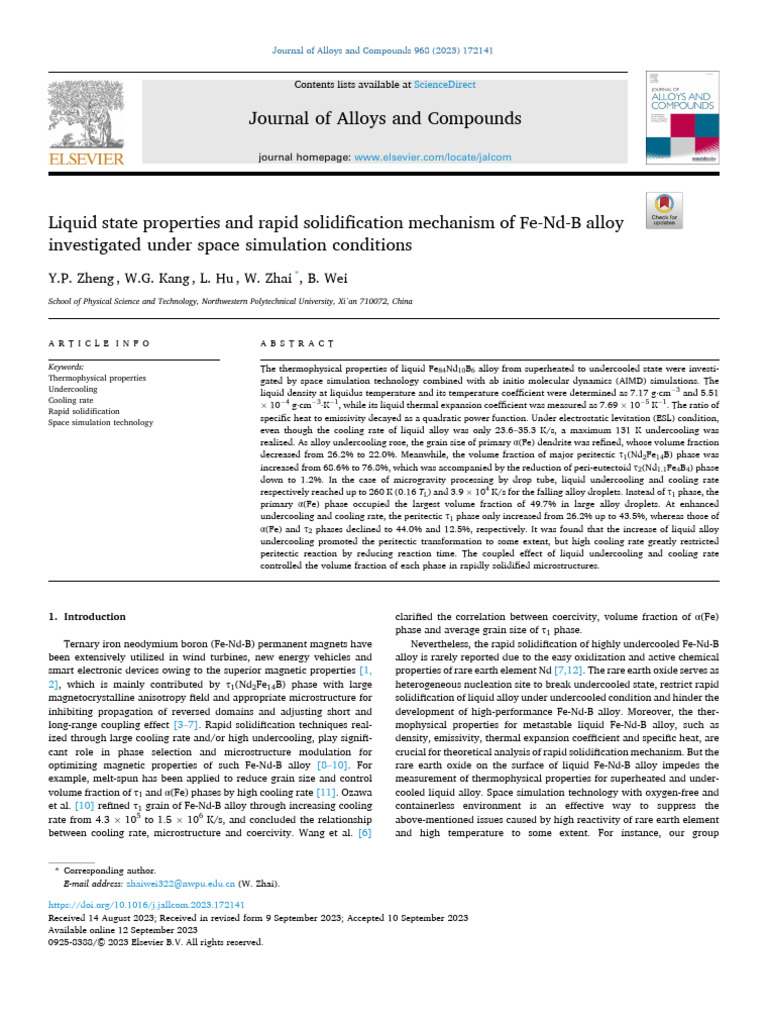 (2023) Liquid State Properties and Rapid Solidification Mechanism of Fe-Nd-B Alloy Investigated ...