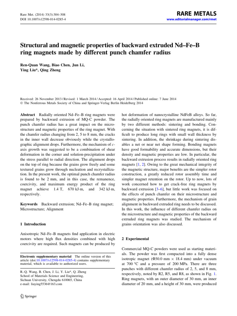 (2014 - 王仁全) Structural and magnetic properties of backward extruded Nd ...