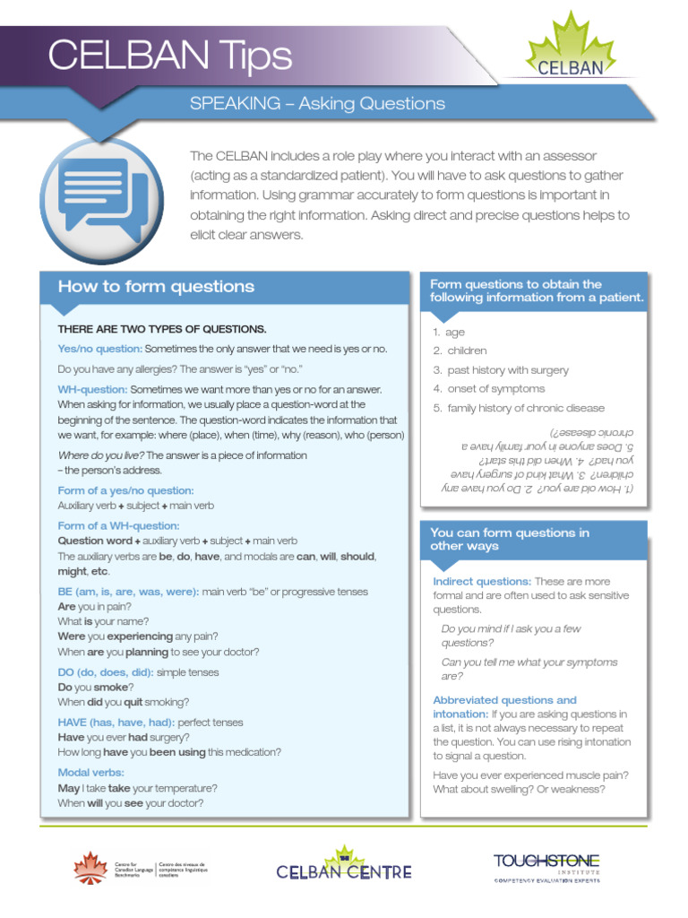 CELBAN Tip Sheet Speaking | PDF | Question | Verb