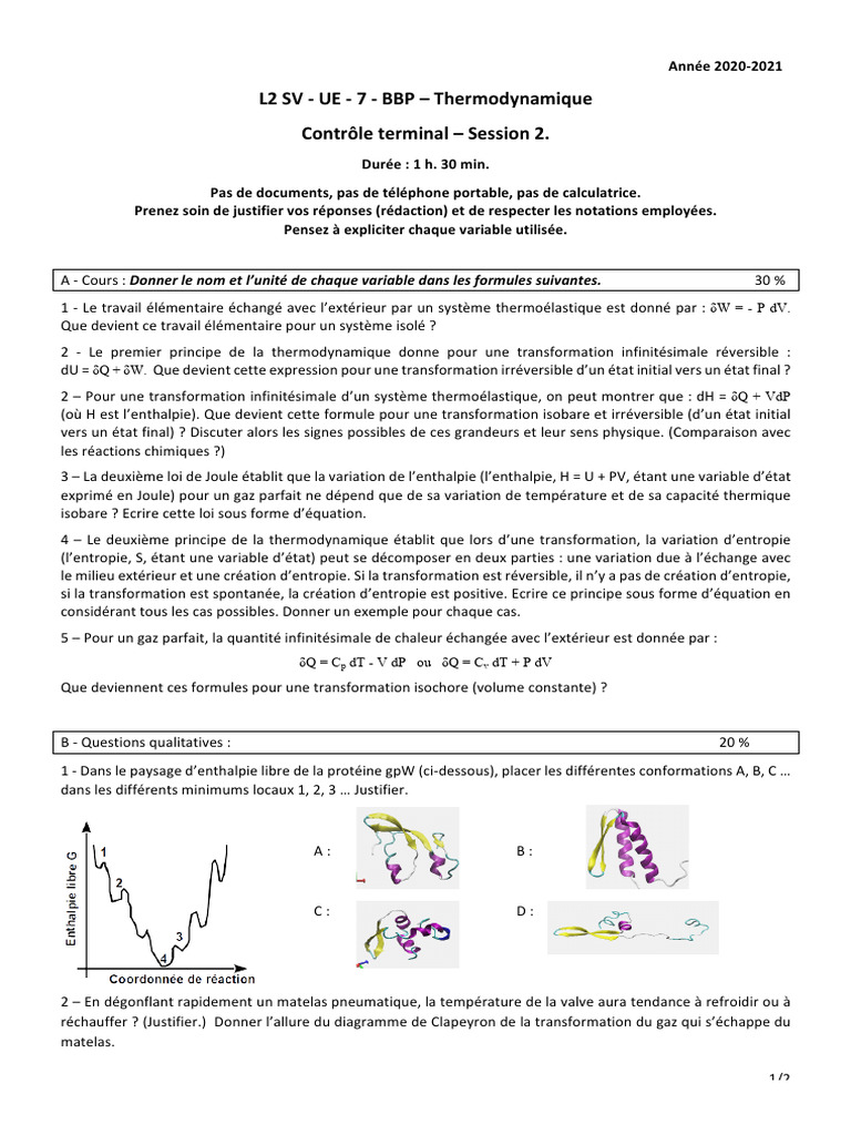 Exam S2 2020 2021 Thermo | PDF | Entropie | Thermodynamique