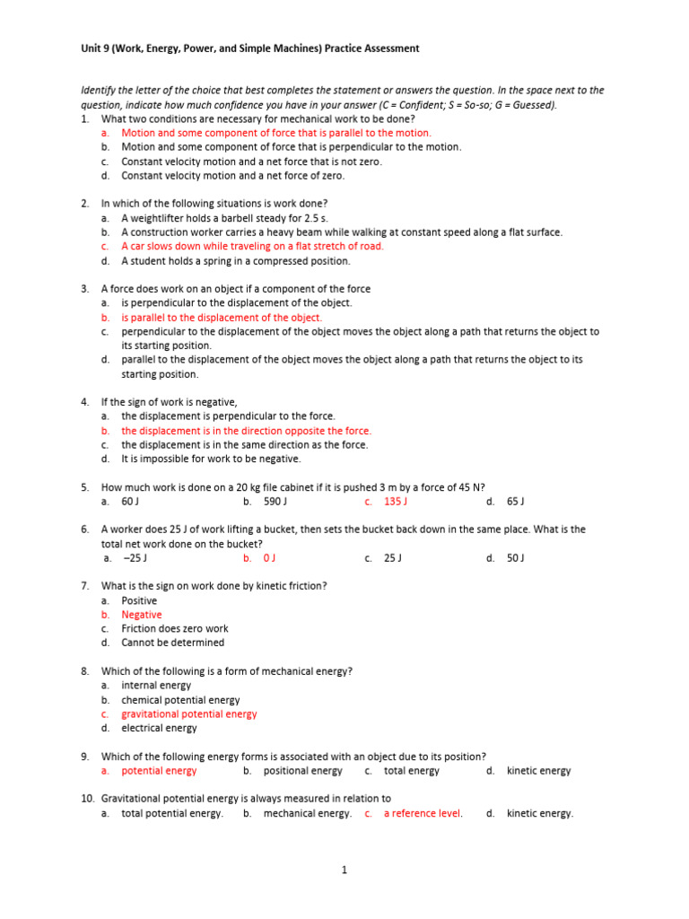 Unit 9 Practice AssessmentKEY | PDF | Potential Energy | Power (Physics)