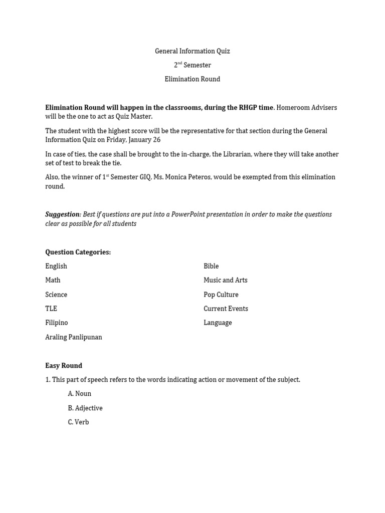 General Information Quiz 2nd Sem - Elimination | PDF