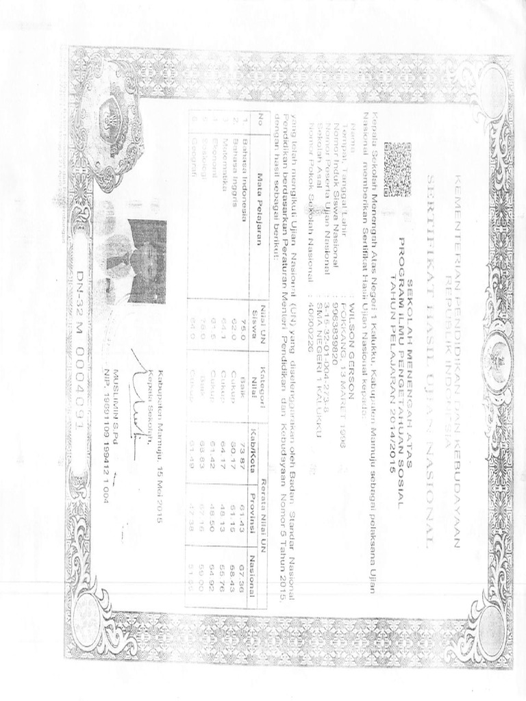 Sertifikat Hasil Ujian Nasional Wilson Gerson | PDF