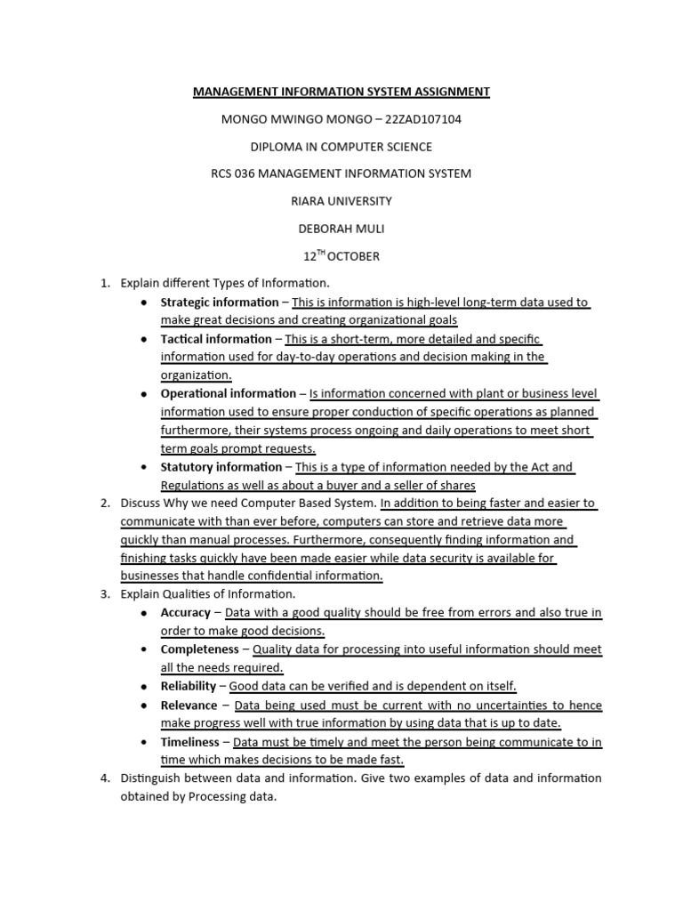 Management Information System Assignment | PDF | Information | Data