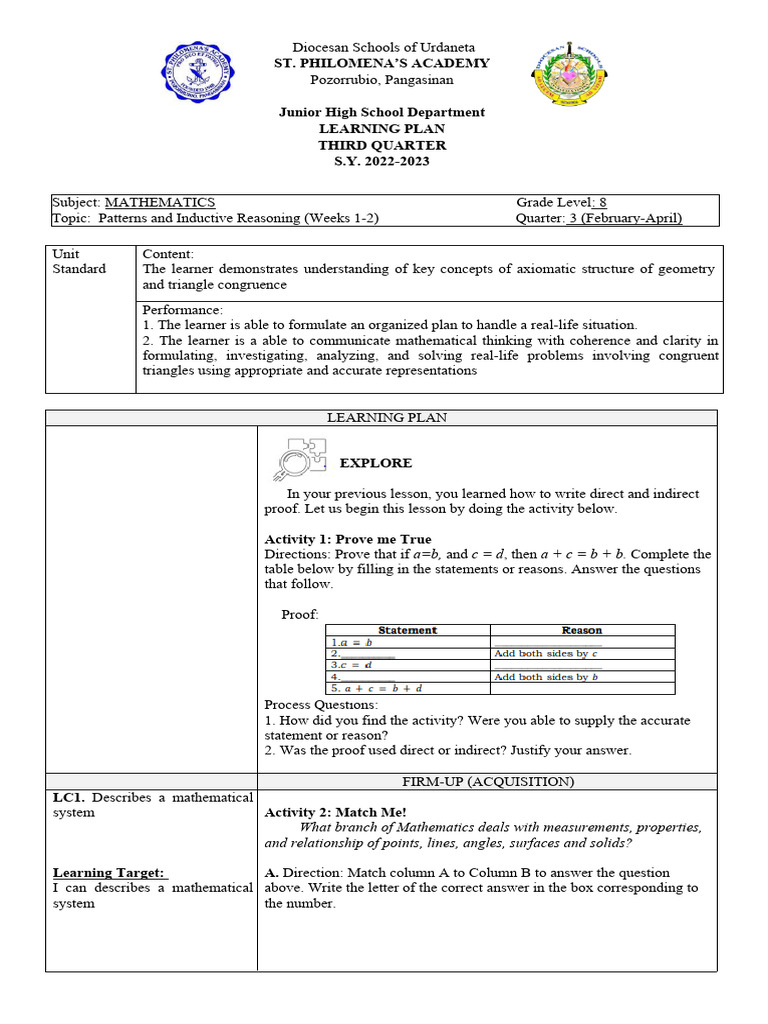 Grade 8 Math Learning Plan Q3 2022-2023 | PDF | Mathematical Proof | Mathematics