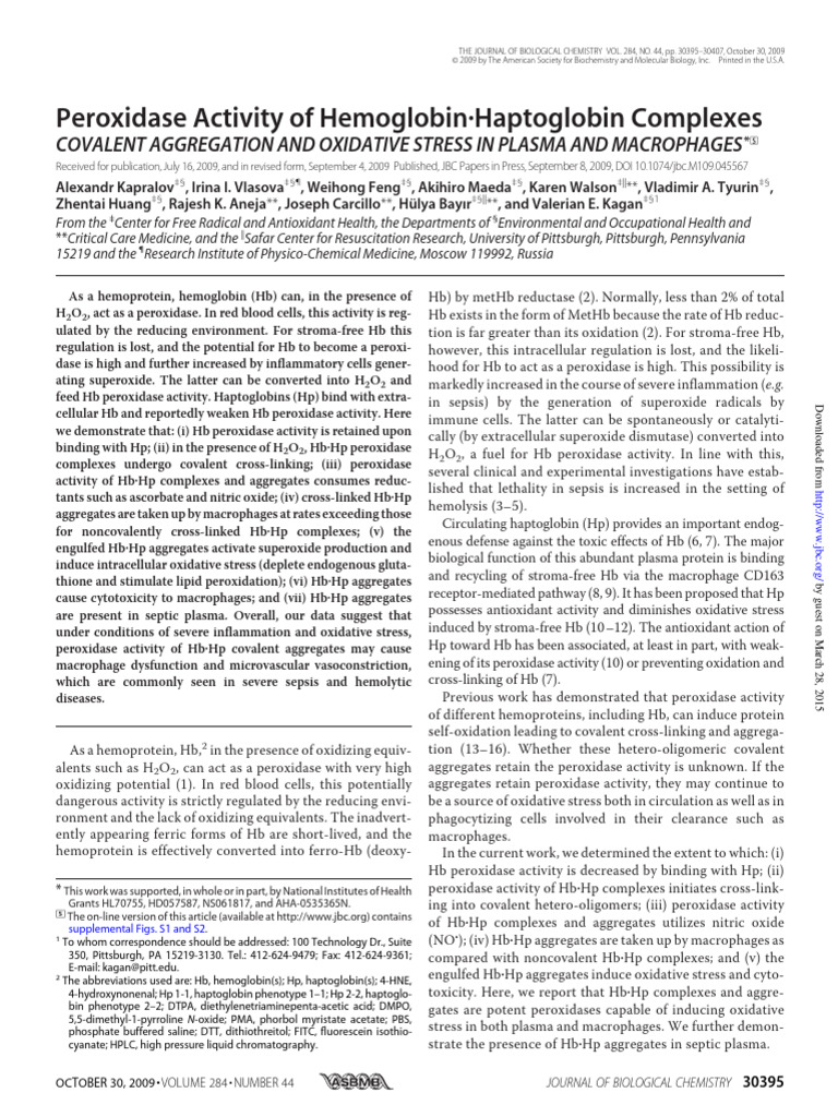 Peroxidase Activity of Hemoglobin - Haptoglobin Complexes | PDF ...