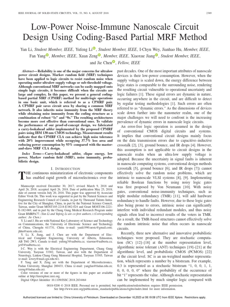 Low-Power Noise-Immune Nanoscale Circuit Design Using Coding-Based Partial MRF Method-1-6 | PDF ...