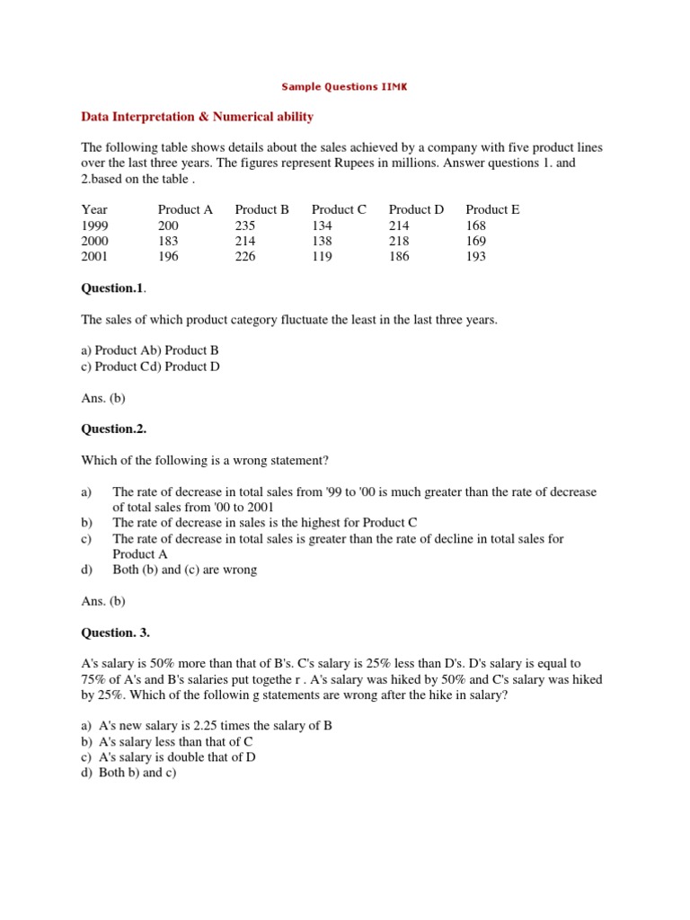 Data Interpretation & Numerical Ability: Sample Questions IIMK | PDF | Theory | Cognition
