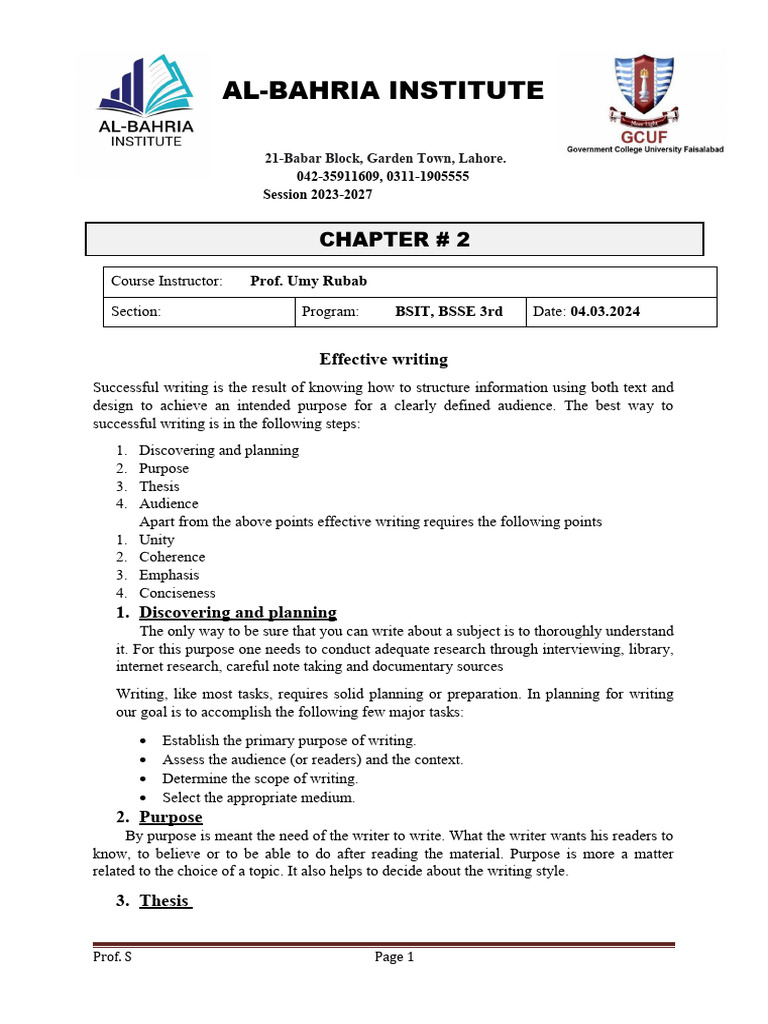 Technical Writing CH#2 Notes BSIT, BSSE 3rd | PDF | Sentence ...