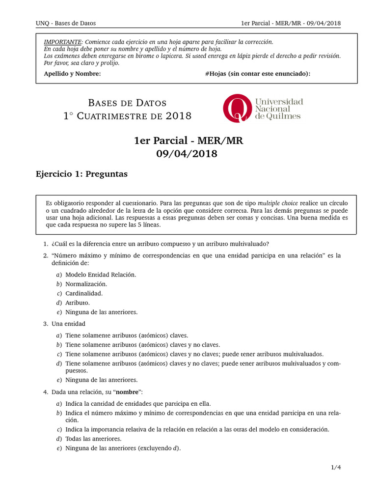 1er Parcial de Base de Datos UNQ | PDF