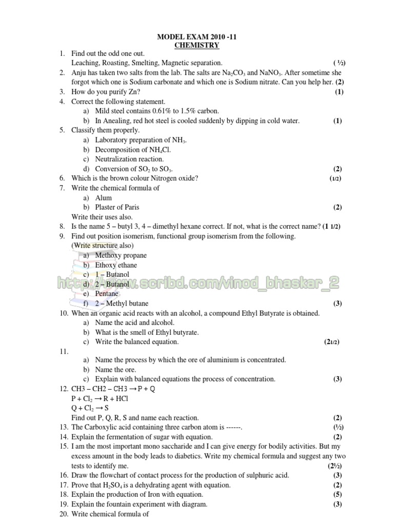 CHEMISTRY Model Exam Question Paper For 10th | PDF | Science & Mathematics