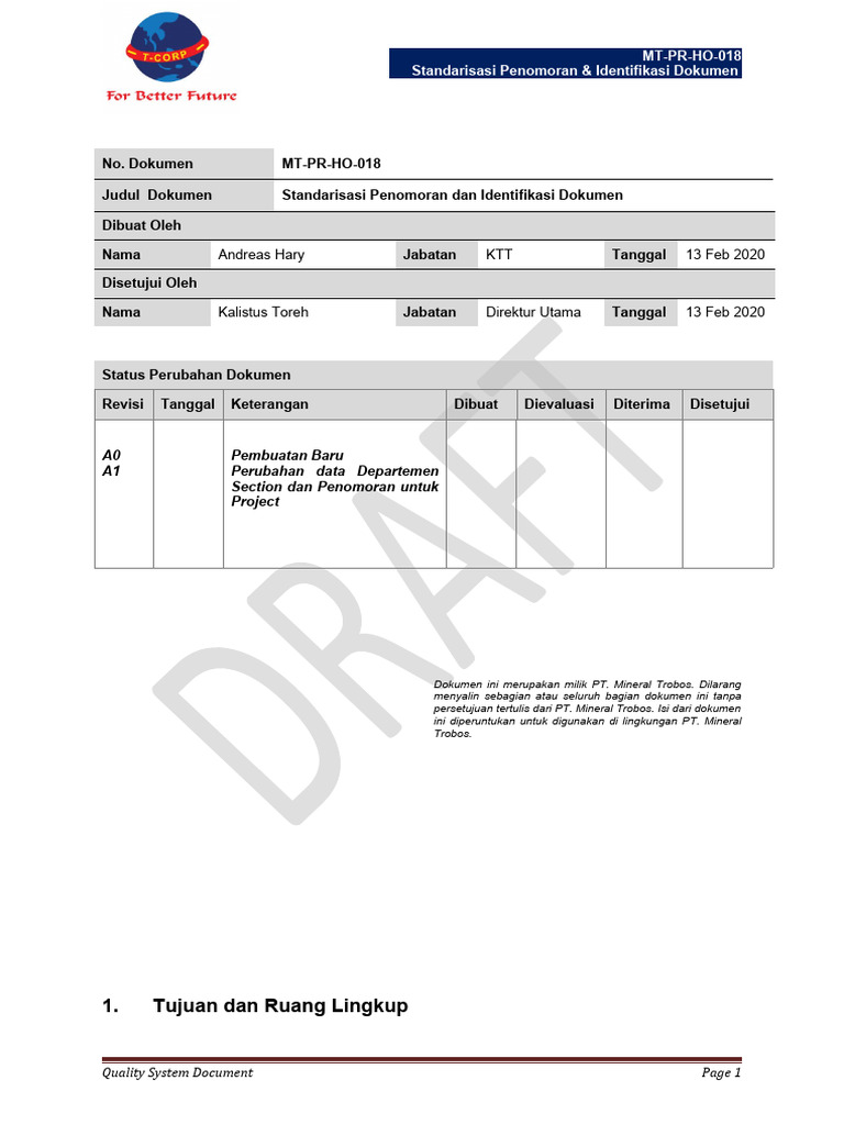 MT-PR-HO-018 Standarisasi Penomoran Dan Identifikasi Dokumen | PDF